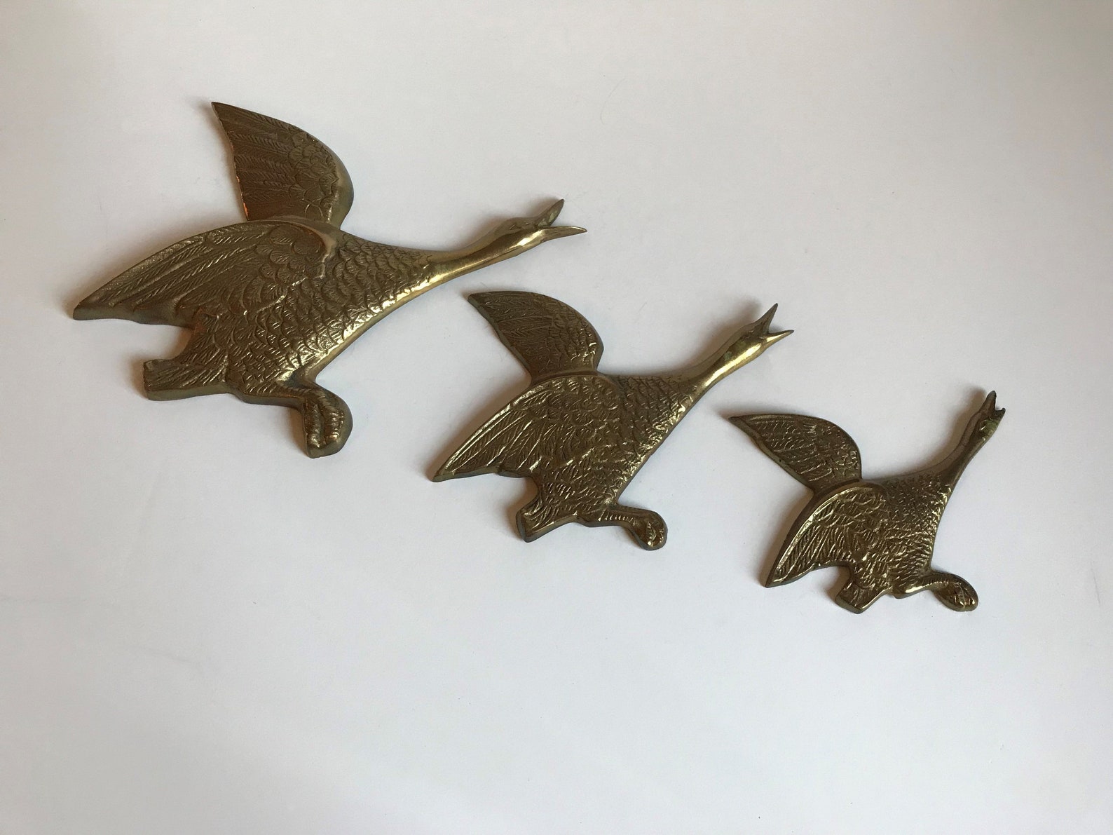 Set of Three Brass Flying Geese Wall Hangings / Duck Wall Decor / Bird ...