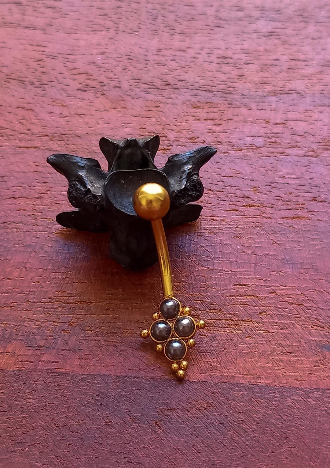 Tribal Fusion 316l Steel Pvd Gold Navel Piercing With Black Pearls ...