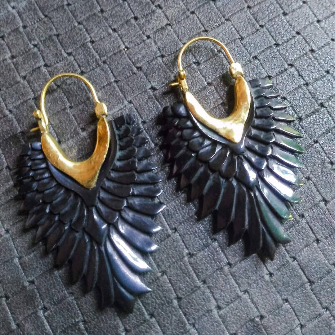 Angel Wings Carved in Buffalo Horn Earrings With Brass- Boho Jewelry ...