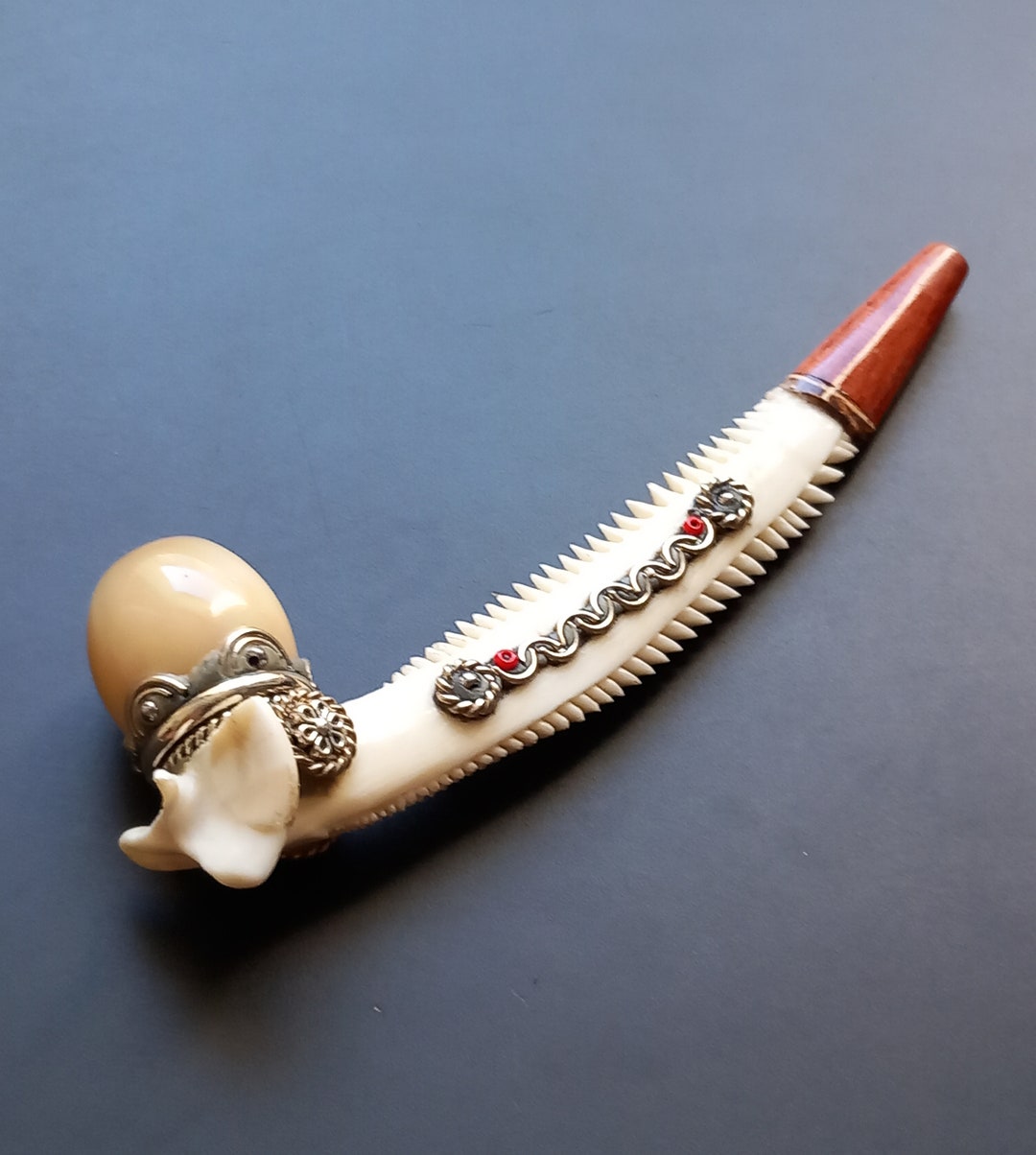 Ritual Ceremony Fish Bone Smoking Pipe- Sono Wood- Chrysocolla Stone ...