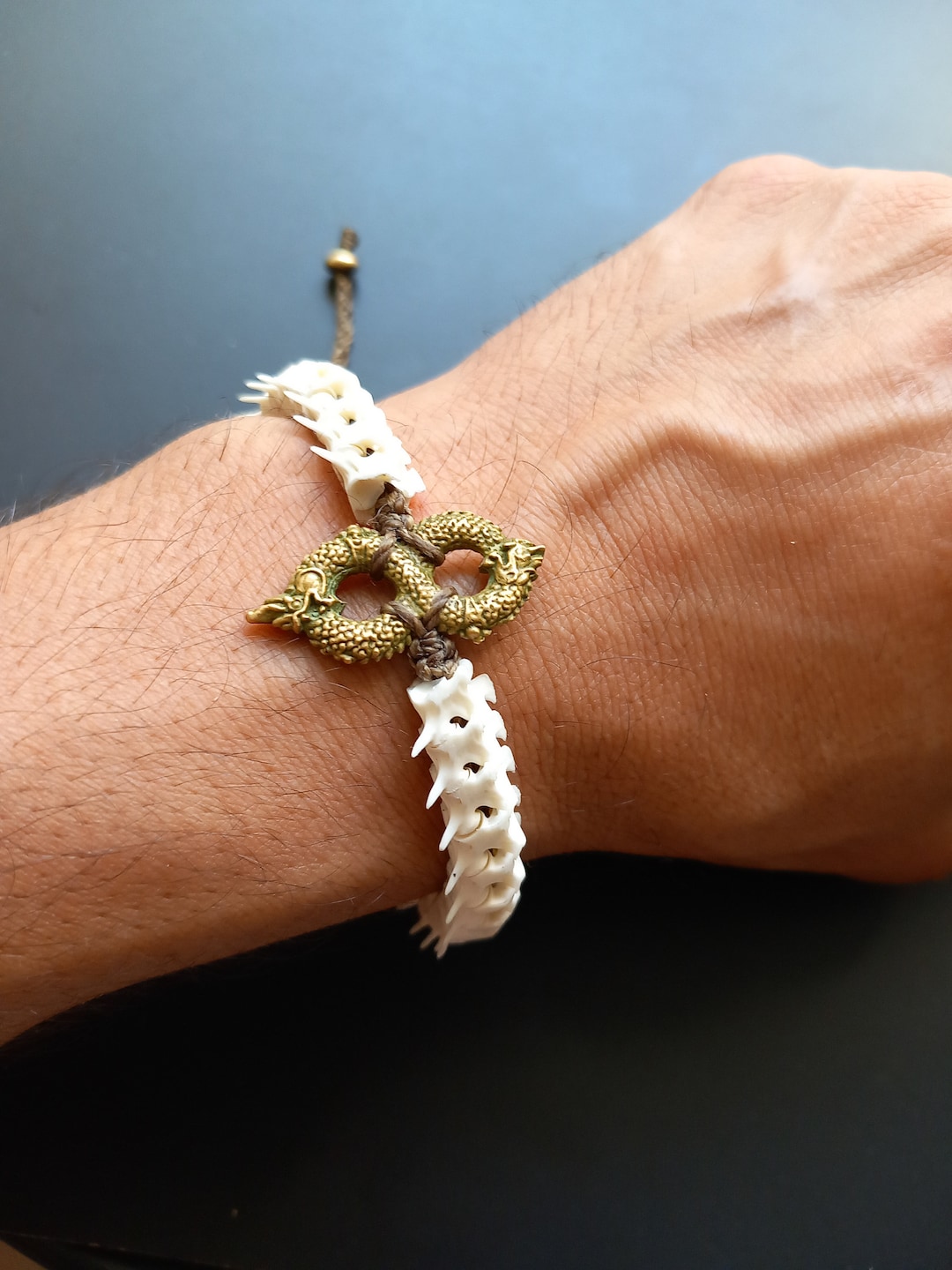 Snake Vertebrae Bone Bracelet With Brass Naga Dragon Adjustable Size ...
