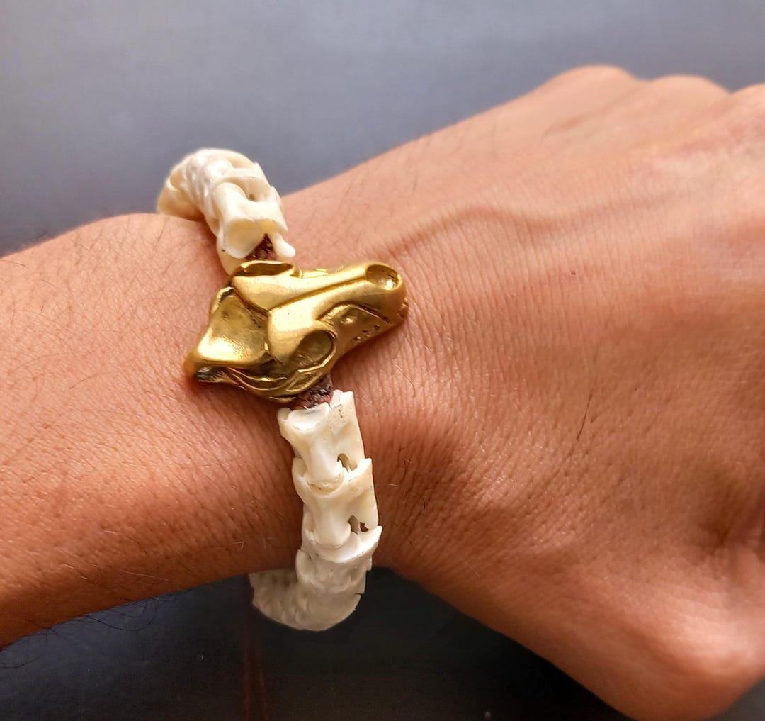 Snake Vertebrae Bracelet With Wolf Skull in Brass- Adjustable Size ...
