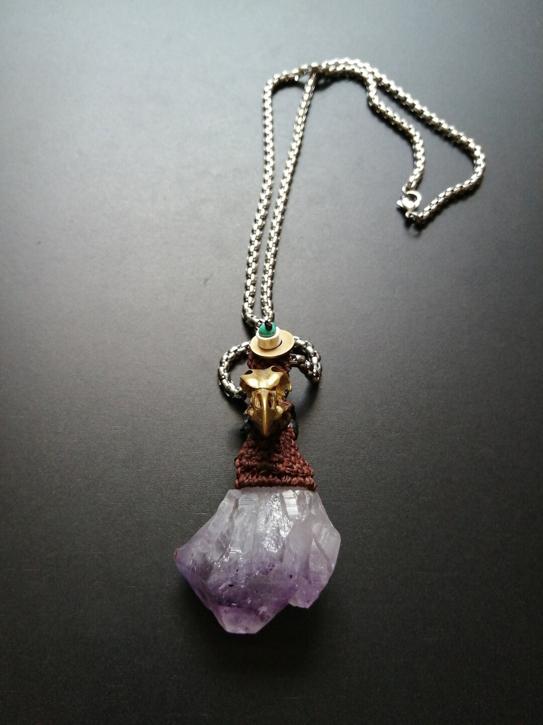 Massive Amethyst Brass Hawk Skull Pendant Necklace Voodoo Jewels Unisex ...