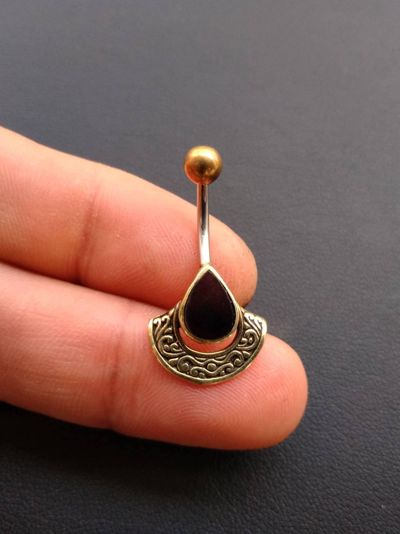 Tribal Ethnic Belly Piercing in Brass with Onyx Stone Gypsy | Etsy