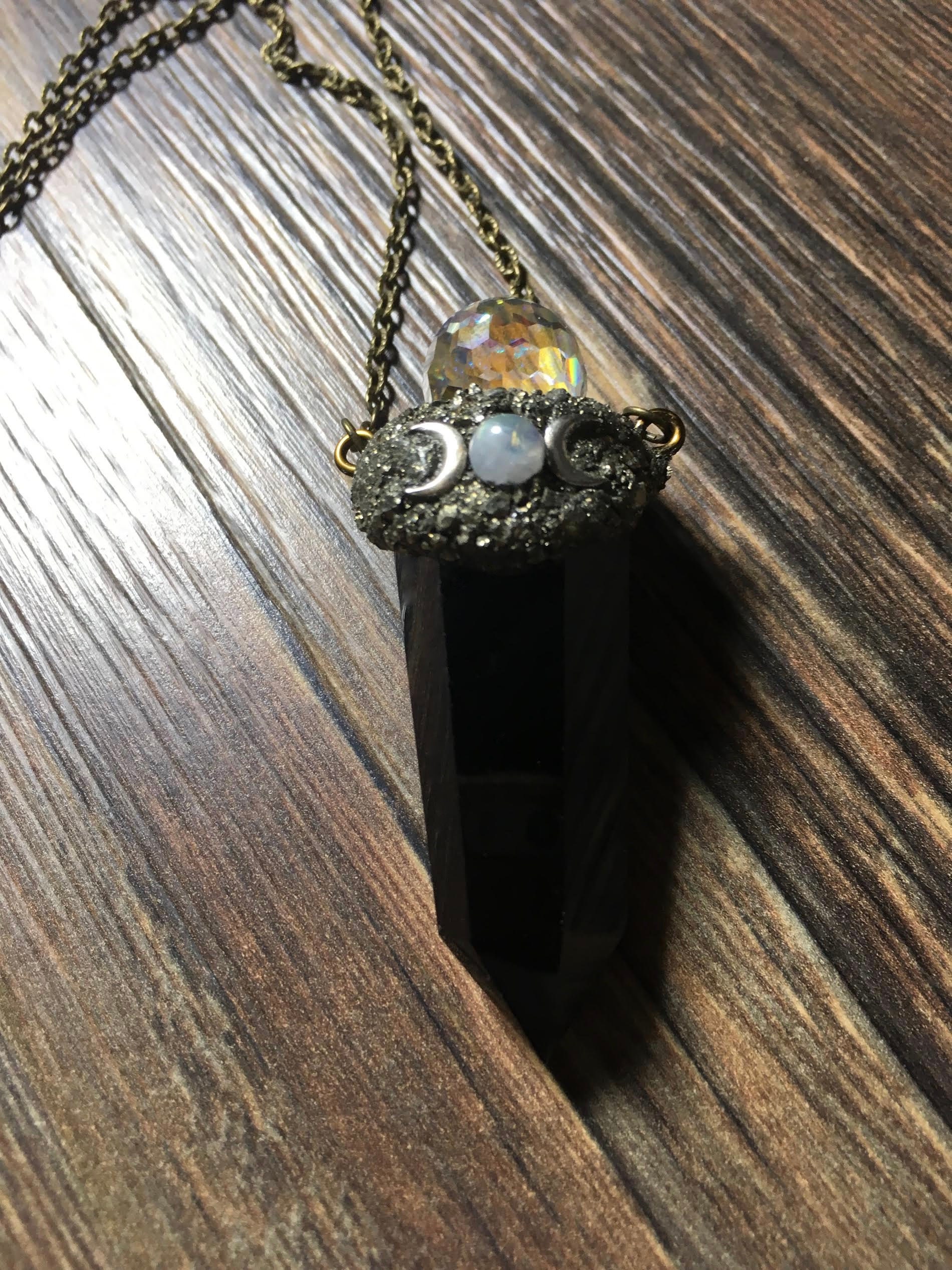 Triple Moon Goddess Moonstone & Obsidian Crystal Point Necklace Pyrite ...