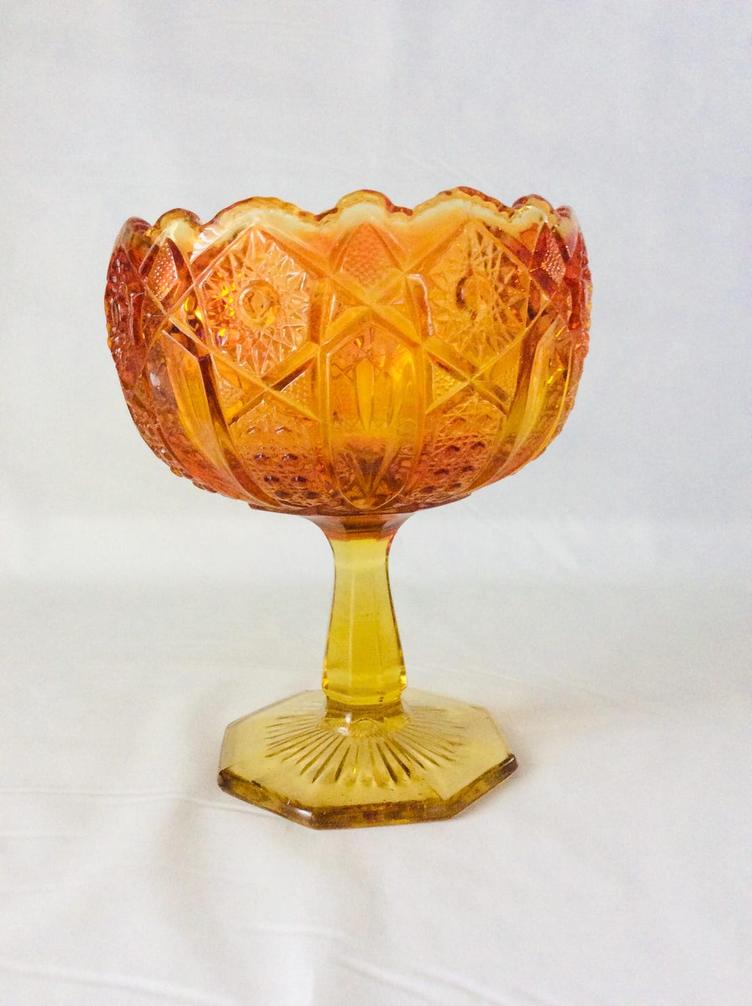 Smith Glass Quintec Amber Tall Compote Heritage Star Cane Panel Design ...