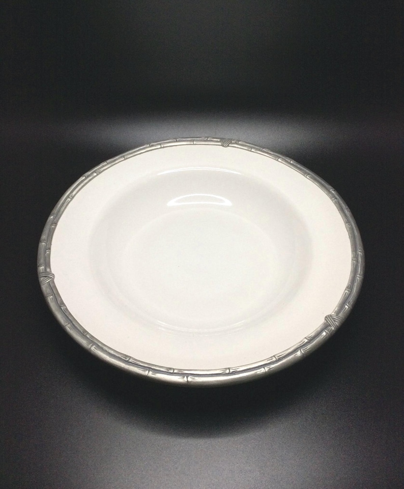 Arthur Court BAMBOO White Bowl 9 1/2" Diameter Stoneware With Pewter ...