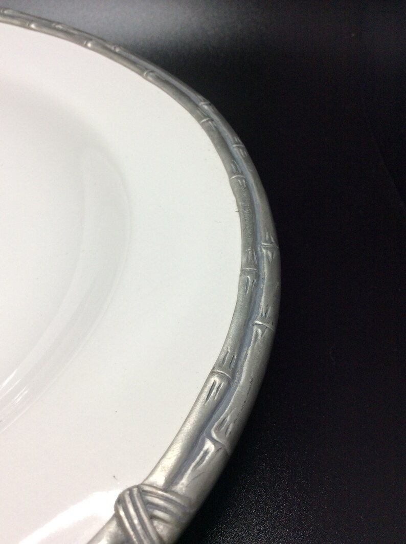 Arthur Court BAMBOO White Bowl 9 1/2" Diameter Stoneware With Pewter ...