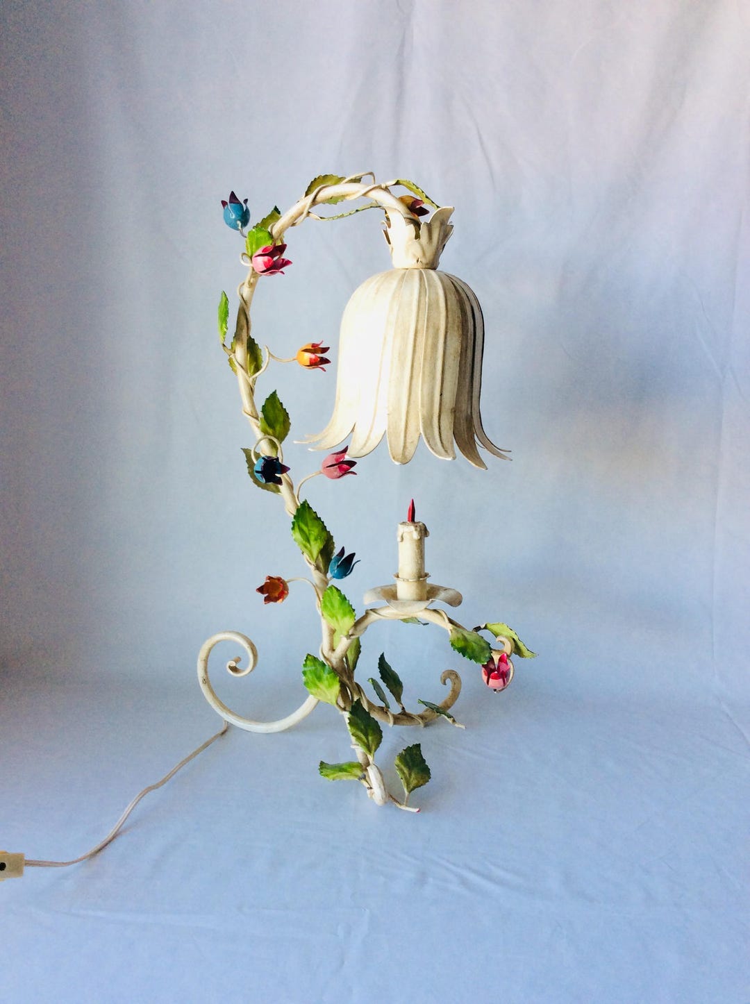 Italian Tole Flower Table Lamp Metal Tulip Shade Hand Painted Enamel ...