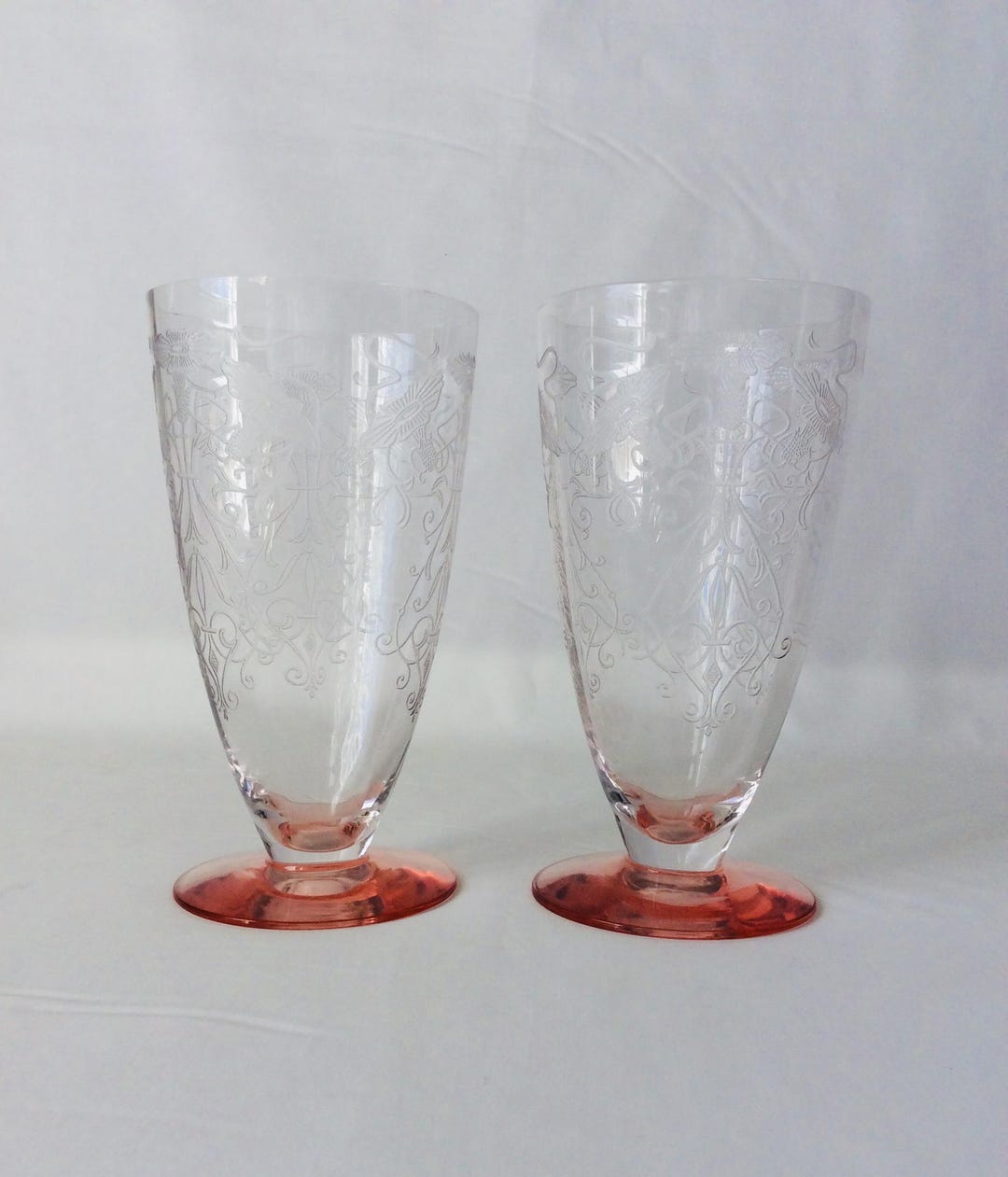Glastonbury Lotus Iced Tea Glasses Flanders Pink Stem Clear Etched Bowl ...