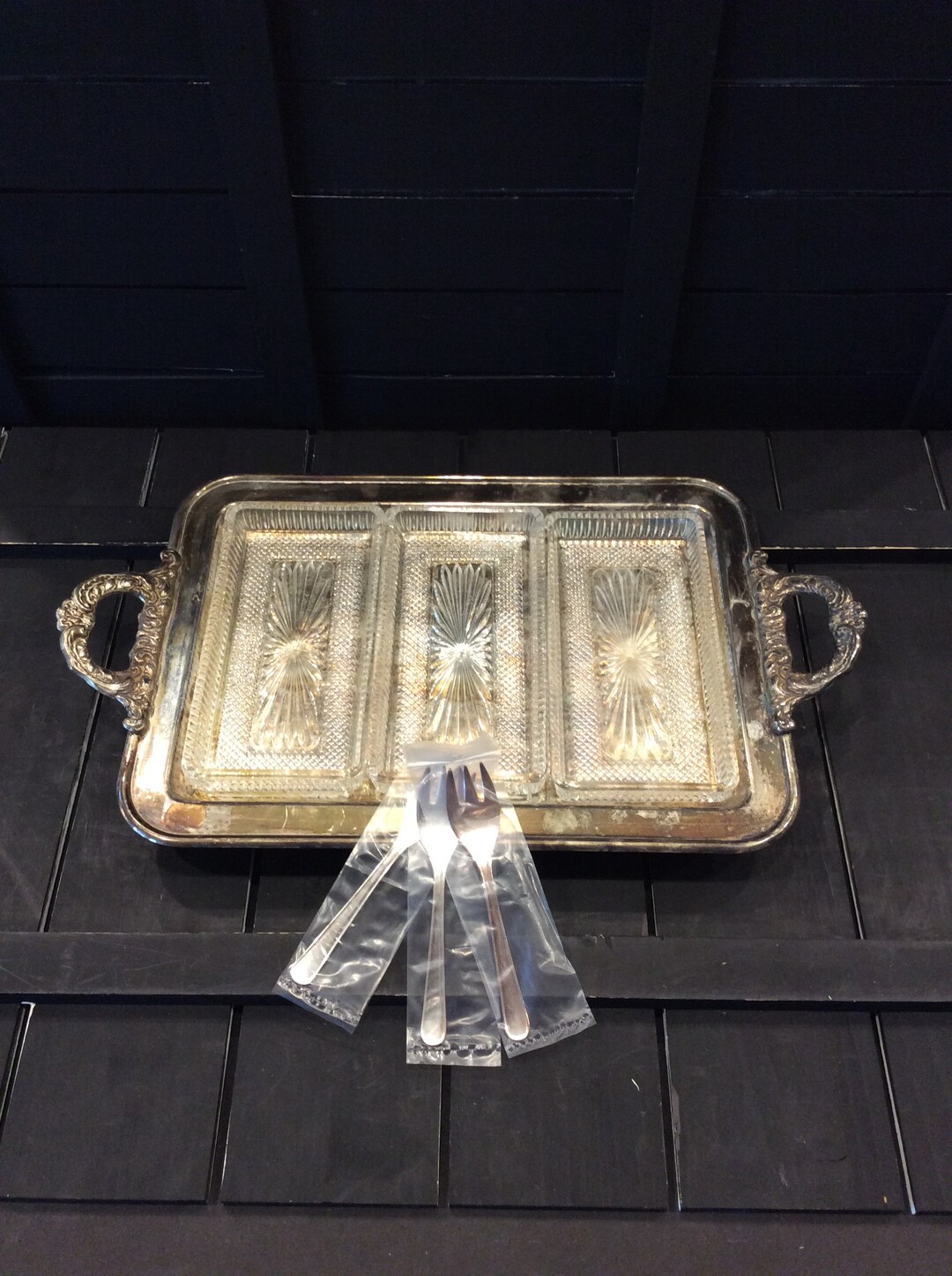 Leonard Silver Company 3 Part Rectangular Relish Tray and Serving Forks ...