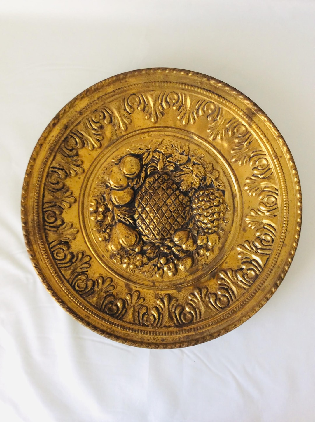 English Brass Repousse Cluster of Fruits and Pineapple in Center Maker ...