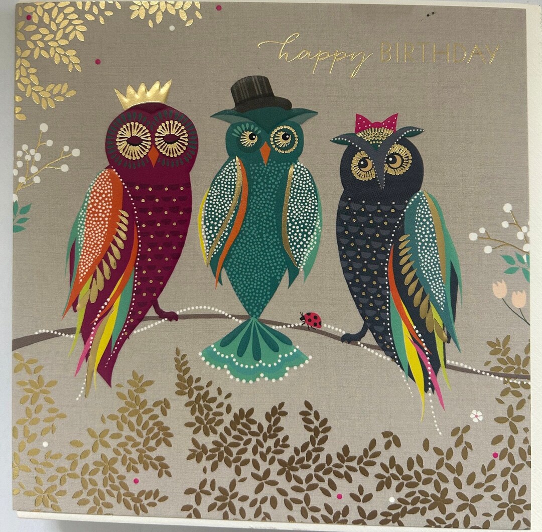 Colourful Owls Blank Gold Foil Greetings Card & Envelope by Sara Miller ...