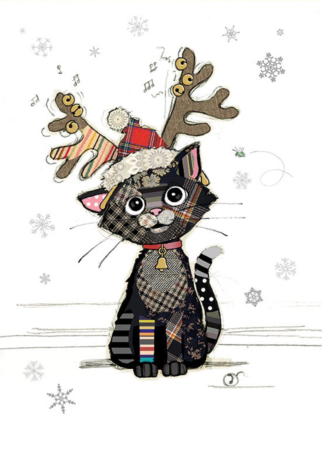 Bug Art Christmas Card Kitten Antlers Greetings Card & Envelope FREE UK ...