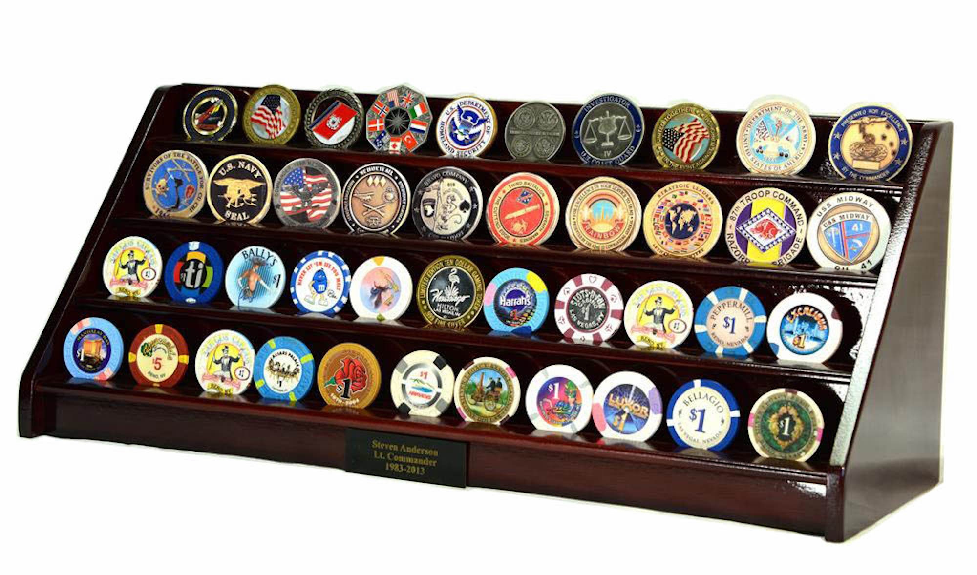 4 Row Challenge Coin / Casino Chip Display Rack Collectible Coin Wooden ...