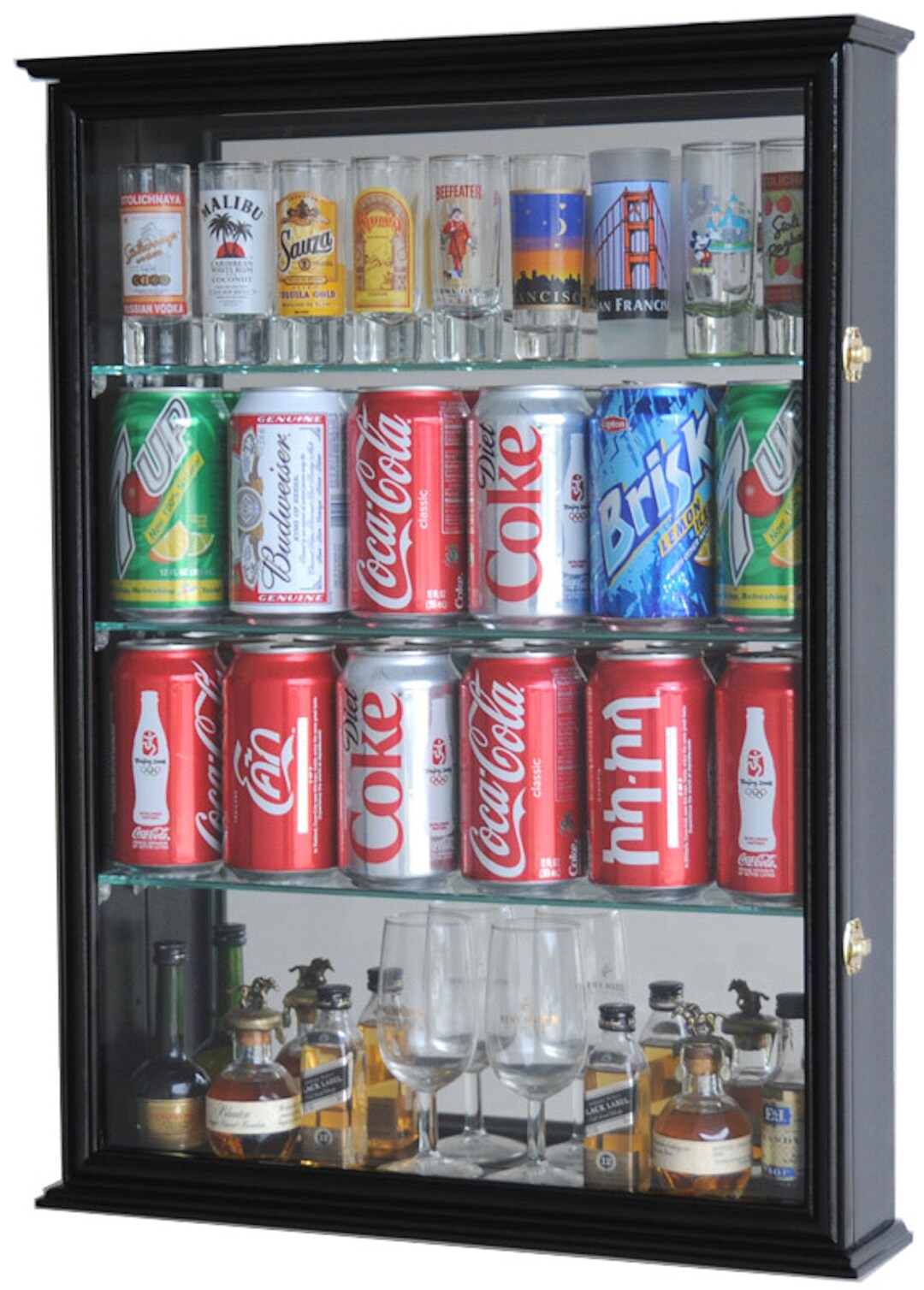 Mini Liquor Bottle Soda Can Mirror Backed Display Case Cabinet Kitchen ...