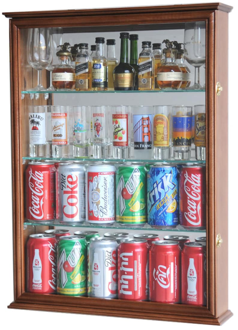 Mini Liquor Bottle Soda Can Mirror Backed Display Case Cabinet Kitchen ...