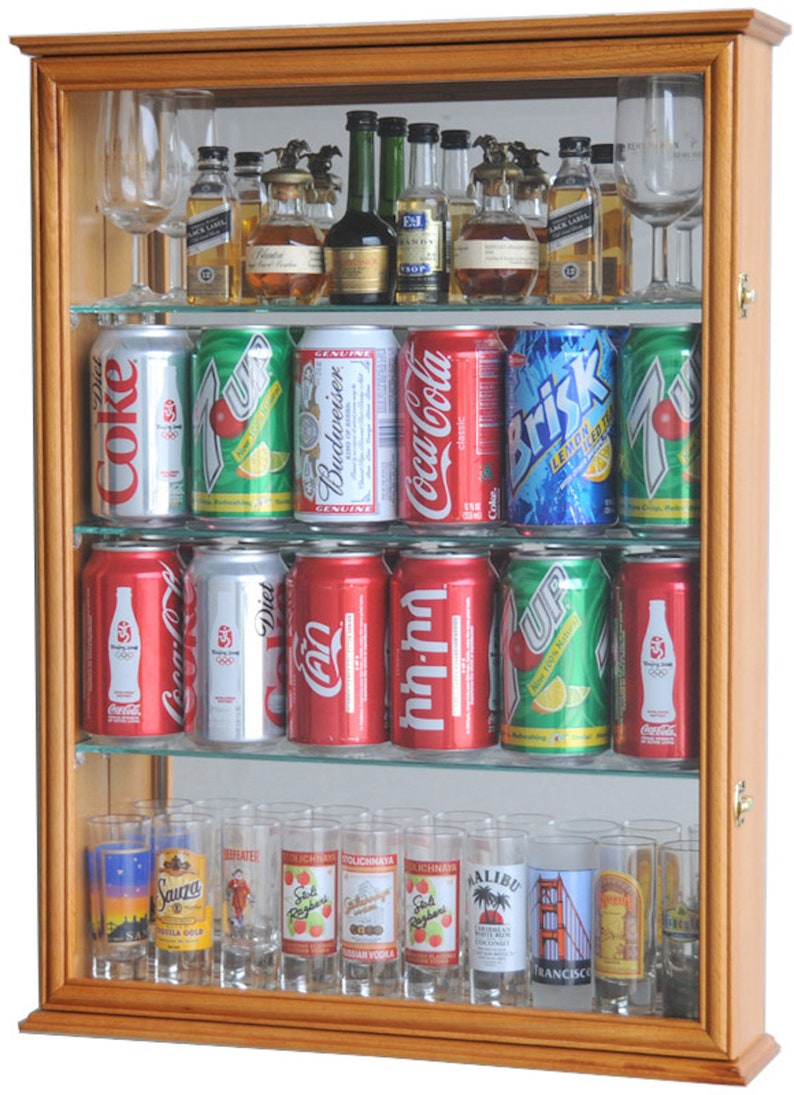 Mini Liquor Bottle Soda Can Mirror Backed Display Case Cabinet Kitchen ...
