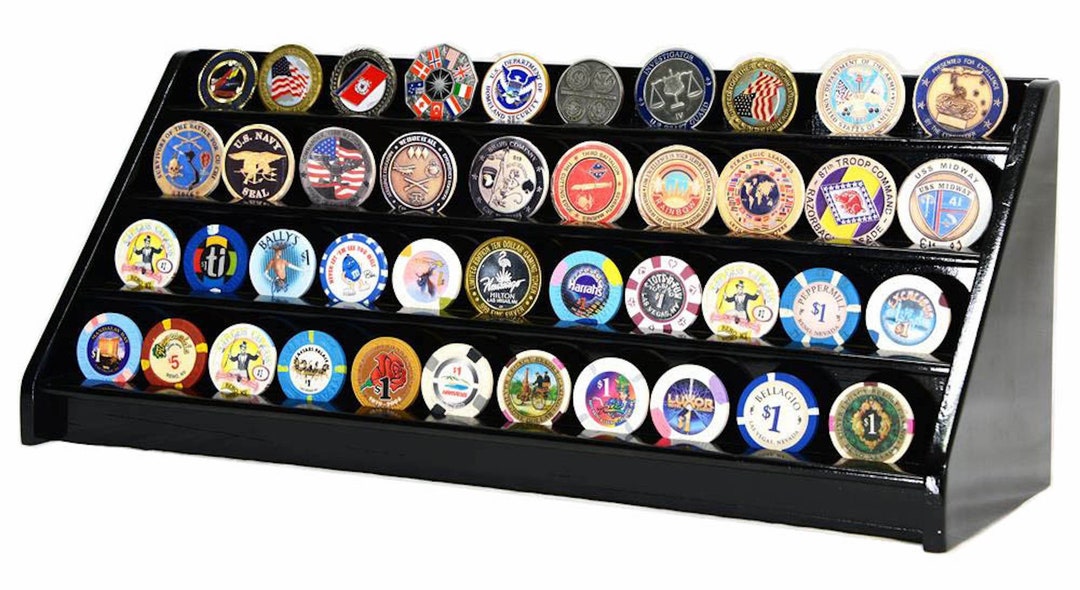 4 Row Challenge Coin / Casino Chip Display Rack Collectible Coin Wooden ...