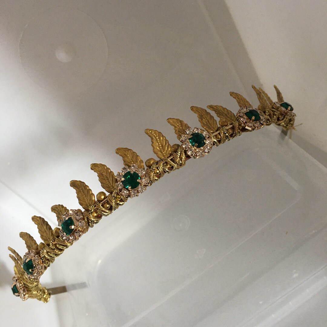 Regency Revival Tiara of Golden Leaves With Emerald Green Rhinestones ...