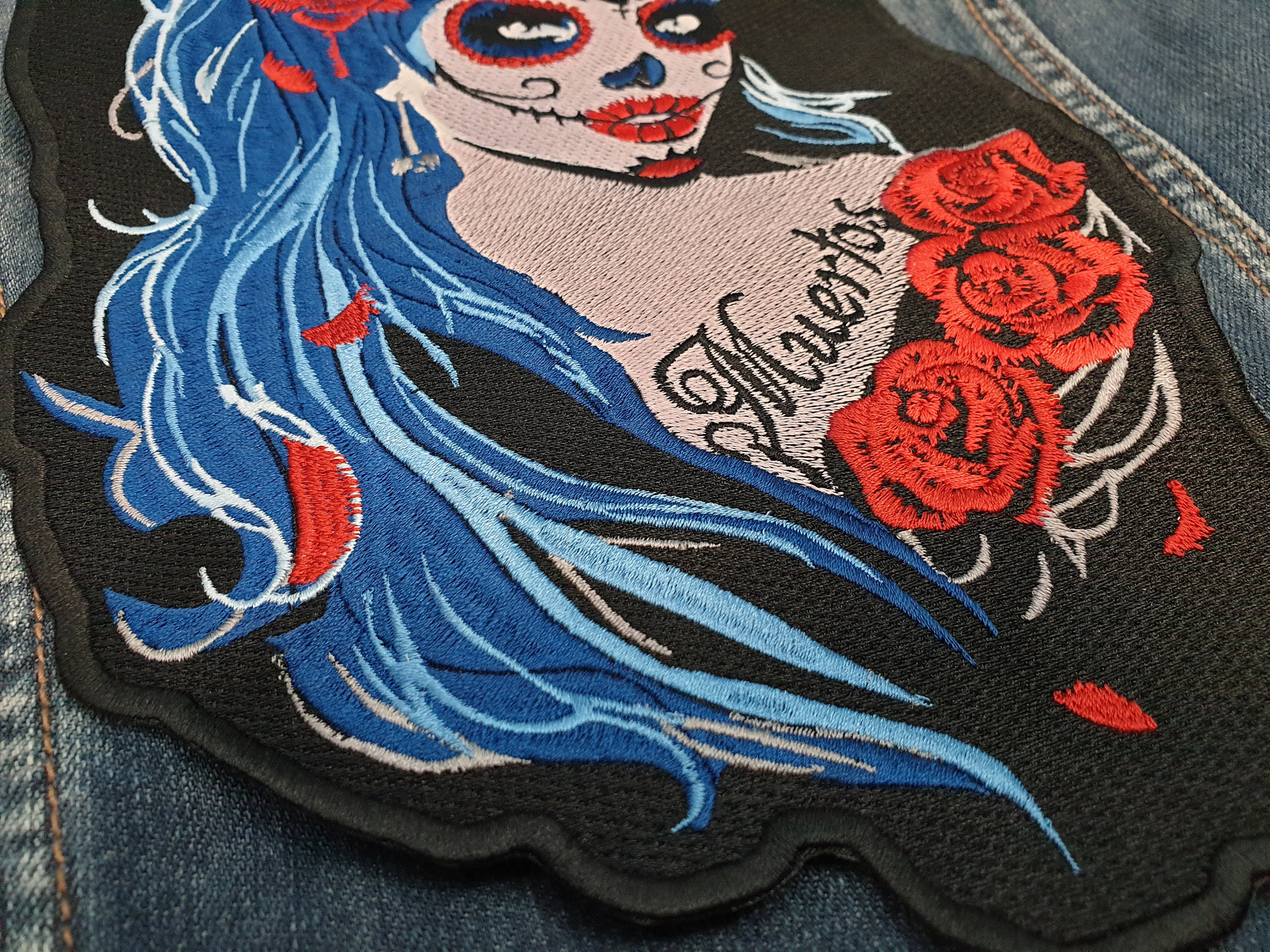 Sugar Skull Biker Patch for Jacket Santa Muerte Embroidered | Etsy