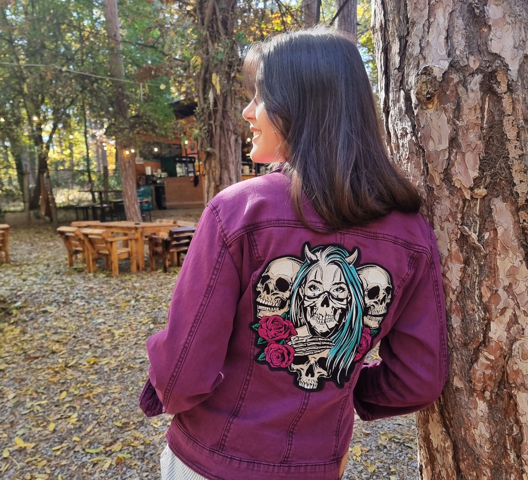 Magenta Roses and Skull Patch for Jacket, Goth Woman Iron on Back Patch ...