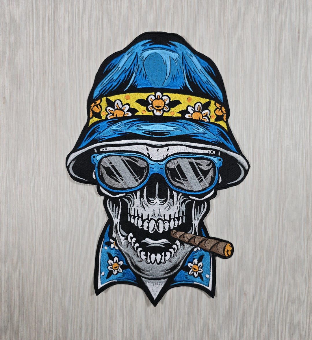 Large Blue Hawaiian Skull Patch, Biker Skull Flower Patch, Sew on Patch ...