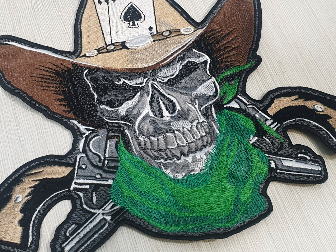 Large Cowboy Skull Patch, Pocker Skull Back Embroidery, Urban Revolver Skull Applique, Sew on ...