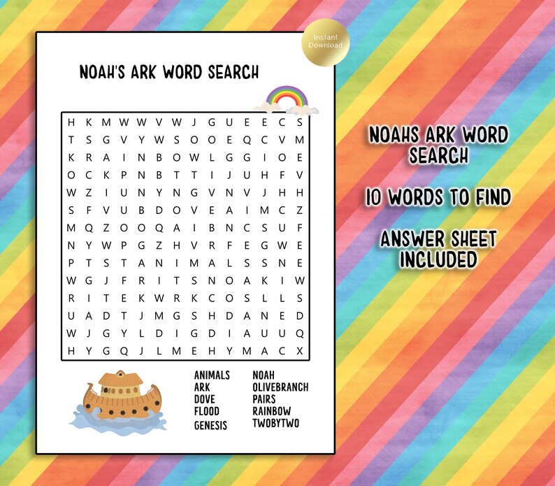 Kids Bible Activity I Noahs Ark Colouring Page I Maze Wordsearch ...