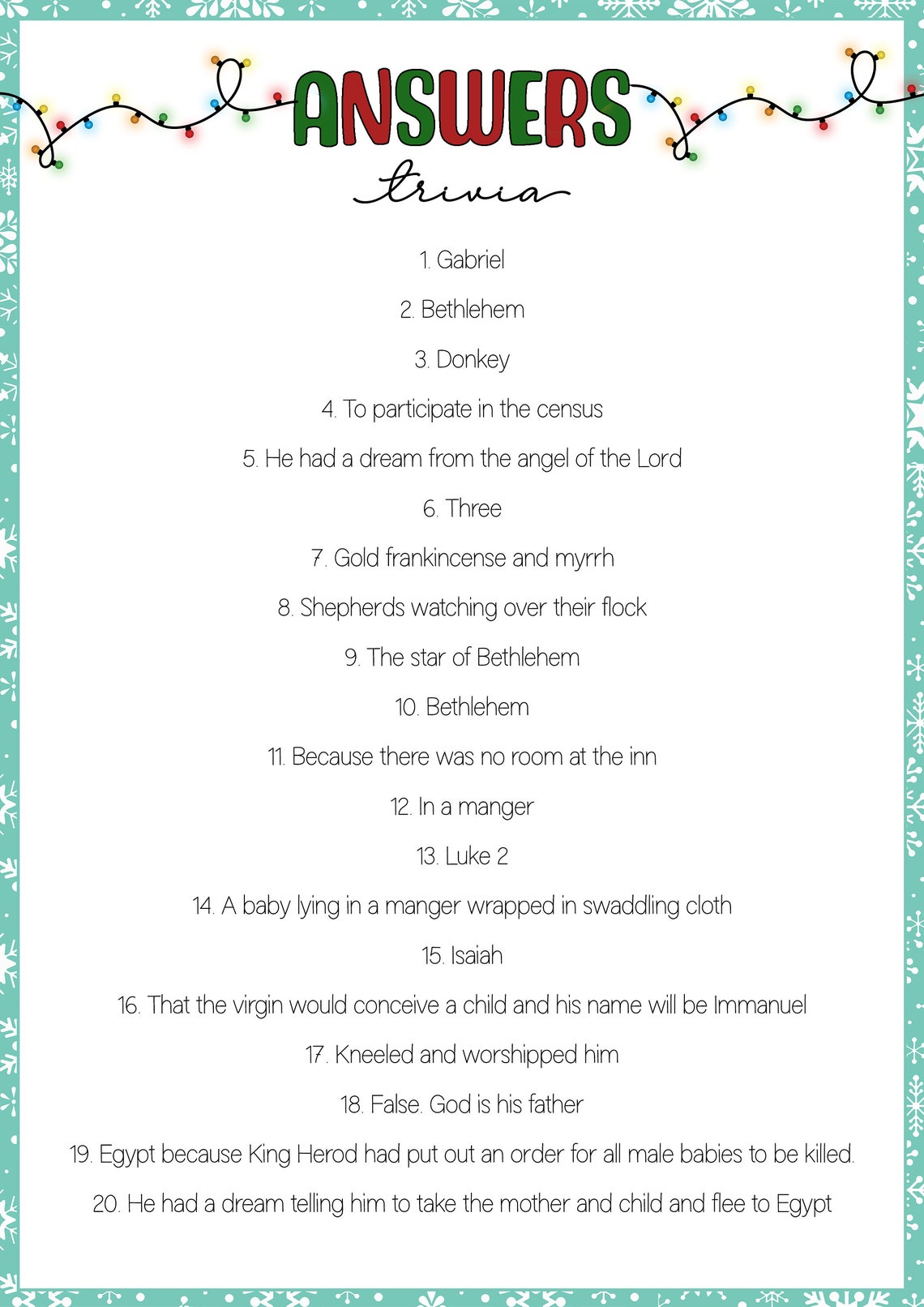 Printable Christmas Story Trivia Questions and Answers L Birth of Jesus ...