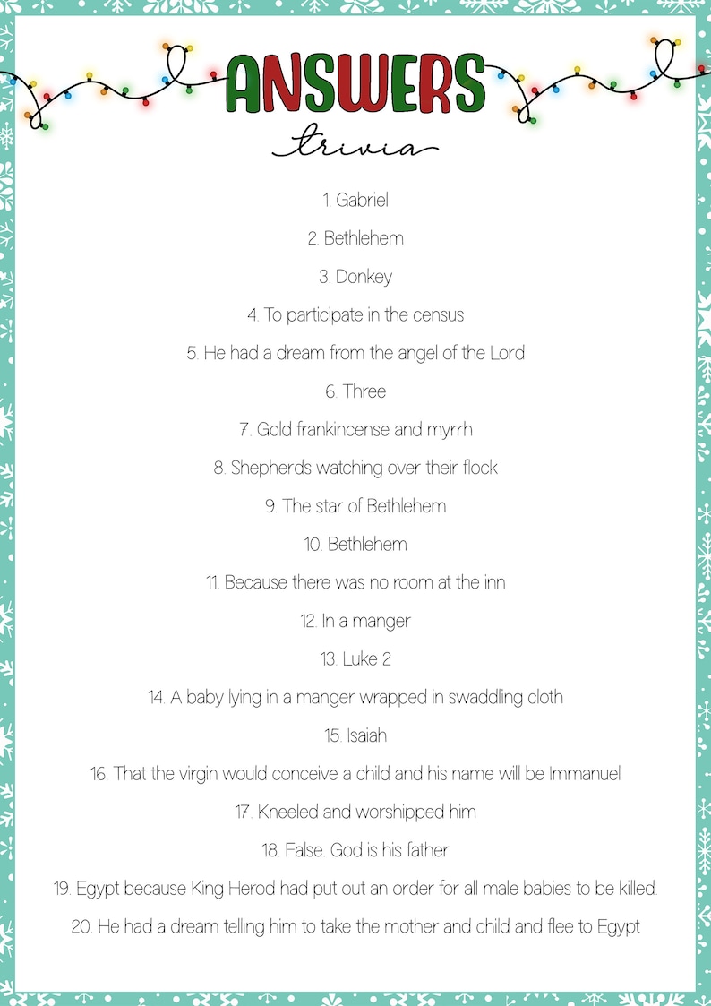 Printable Christmas Story Trivia Questions and Answers L Birth of Jesus ...