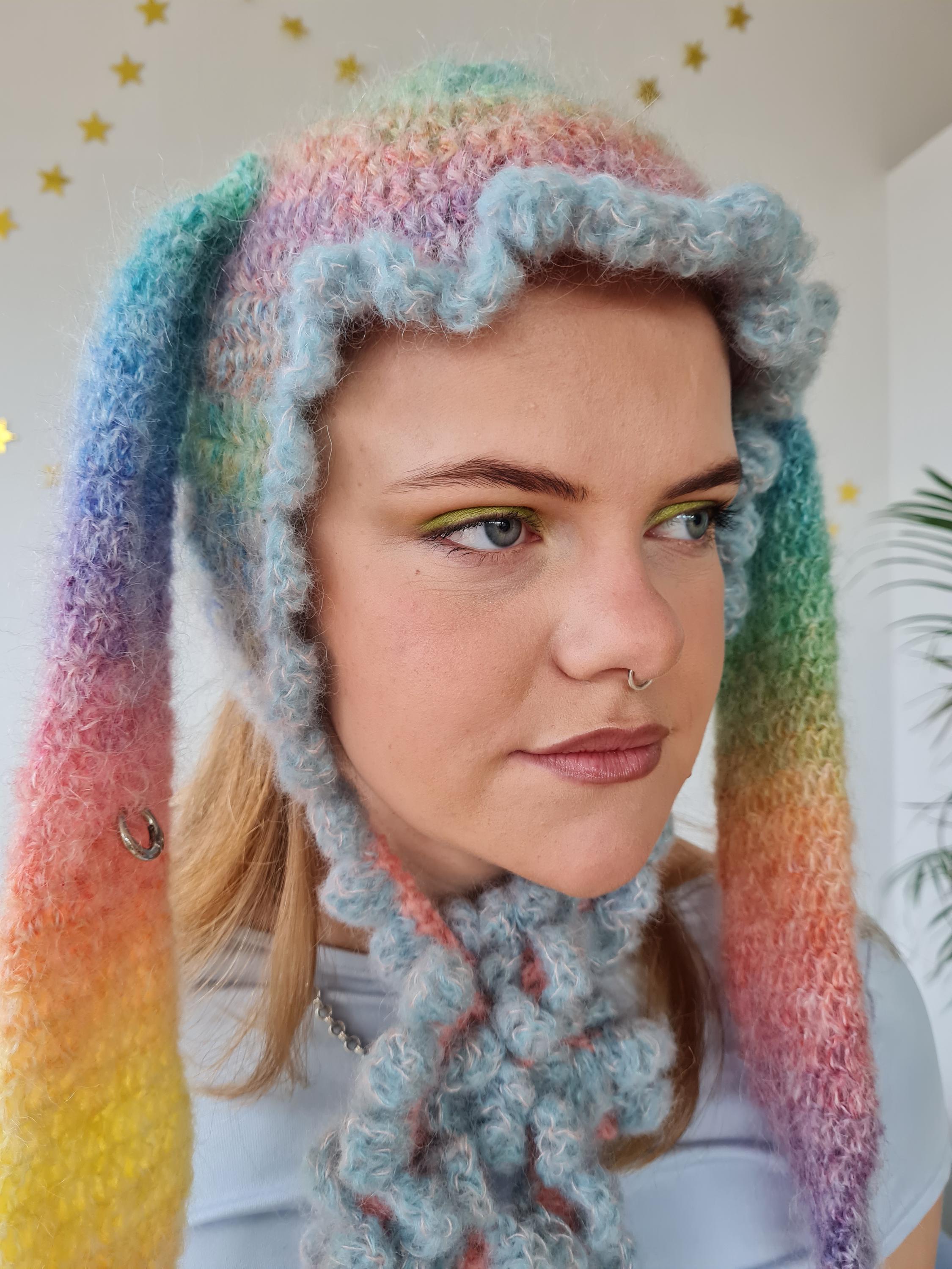Crocheted Rainbow Mohair Wool Bunny Bonnet Winter Hat - Etsy