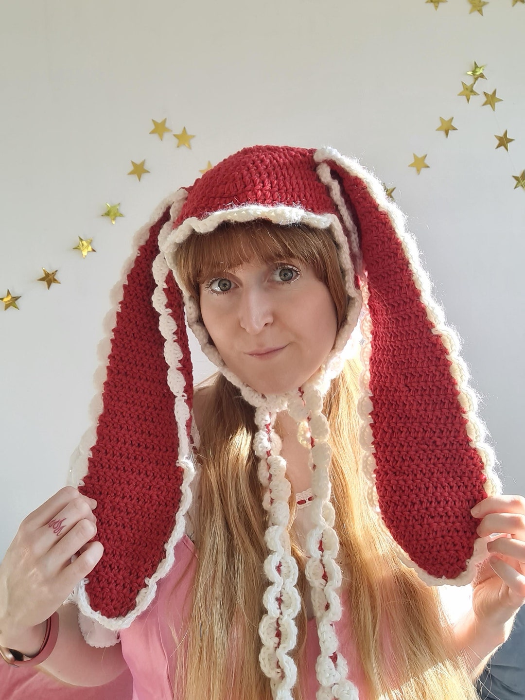 Crocheted Frilly Lace Bunny Ears Bonnet Winter Hat - Red White - Etsy