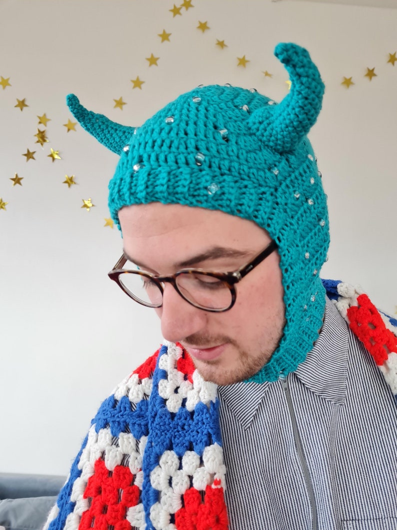 Demon/ Devil Horns Wool Crocheted Beaded Balaclava Winter Hat Teal - Etsy
