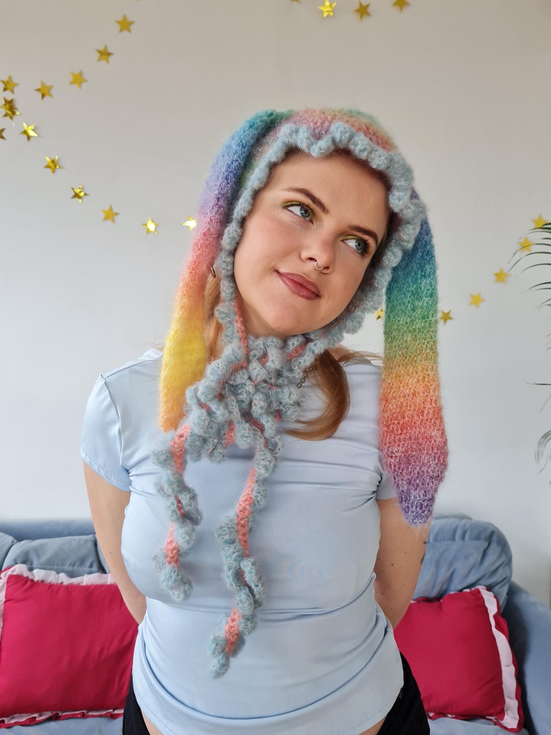 Crocheted Rainbow Mohair Wool Bunny Bonnet Winter Hat - Etsy