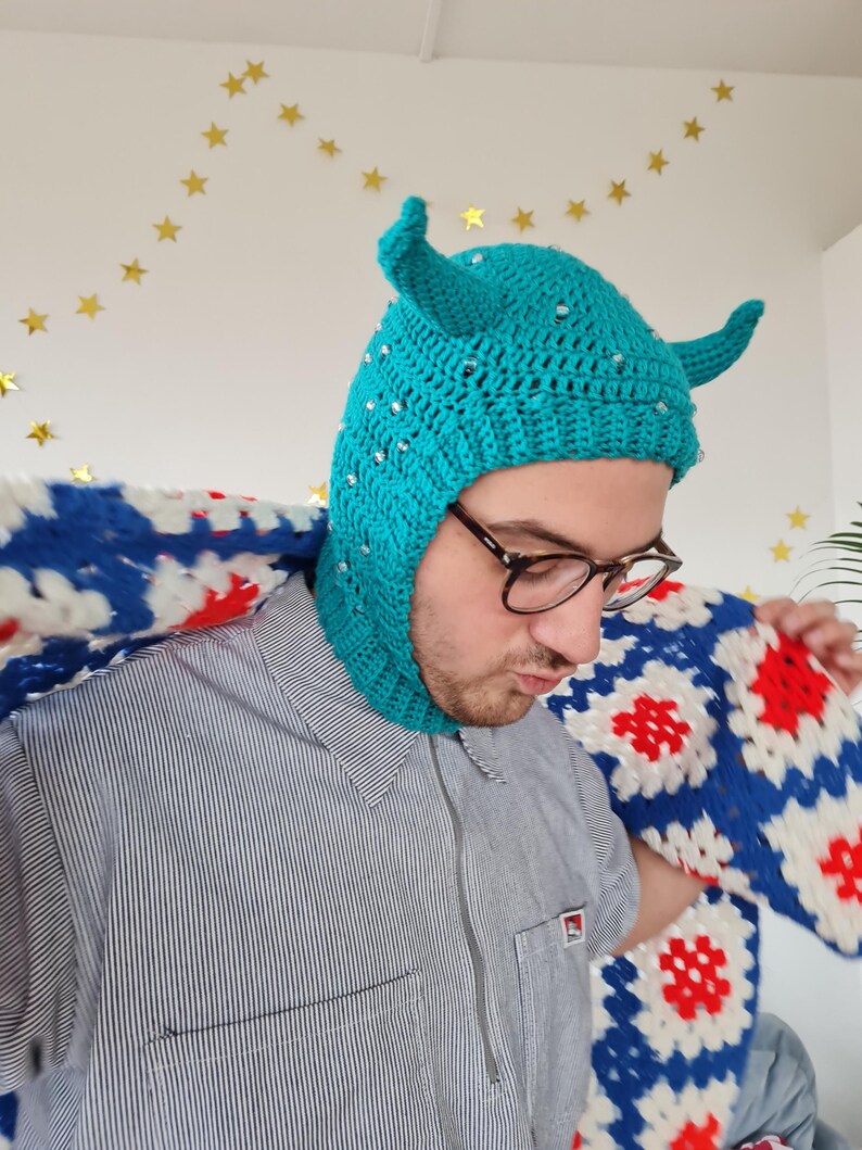 Demon/ Devil Horns Wool Crocheted Beaded Balaclava Winter Hat Teal - Etsy