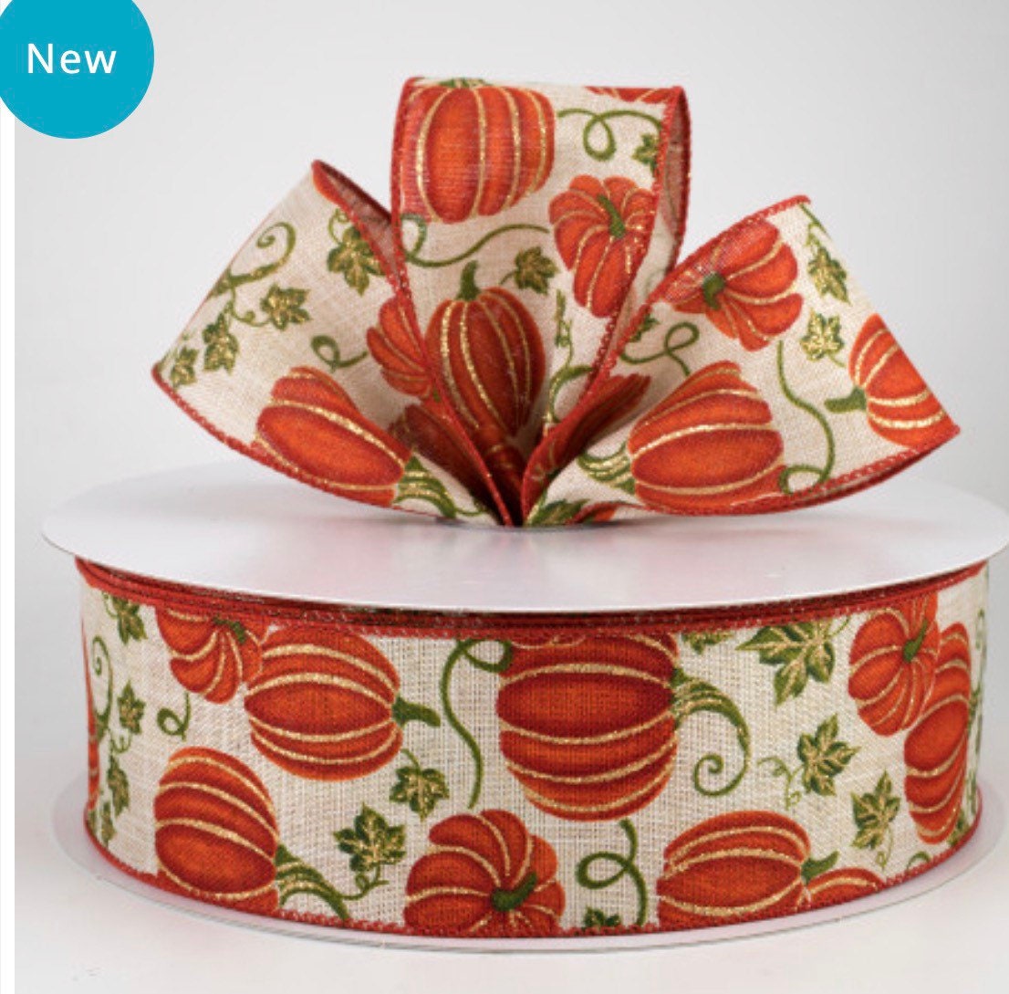 2.5 Linen Glittered Pumpkin Ribbon: Natural 5 Yards | Etsy