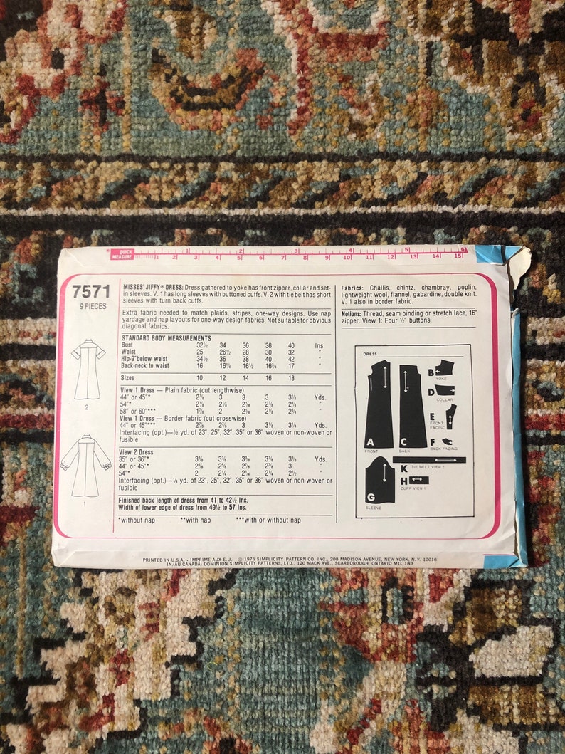 Simplicity 7571 UNCUT FF 1970s Dress Womens Sewing Pattern Size 16 38 ...