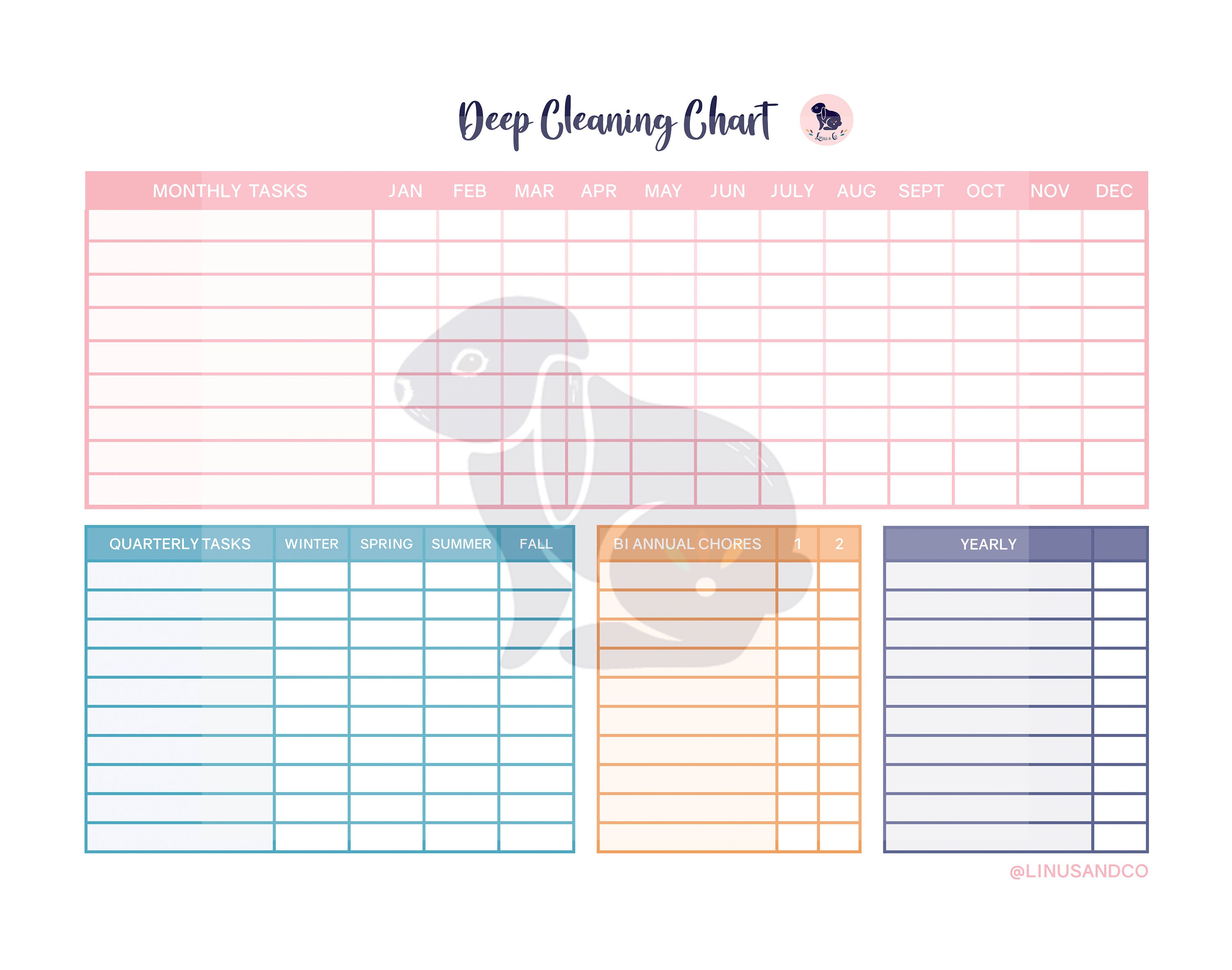 Deep Cleaning Chart Printable | Monthly Quarterly Yearly | Chore Chart ...