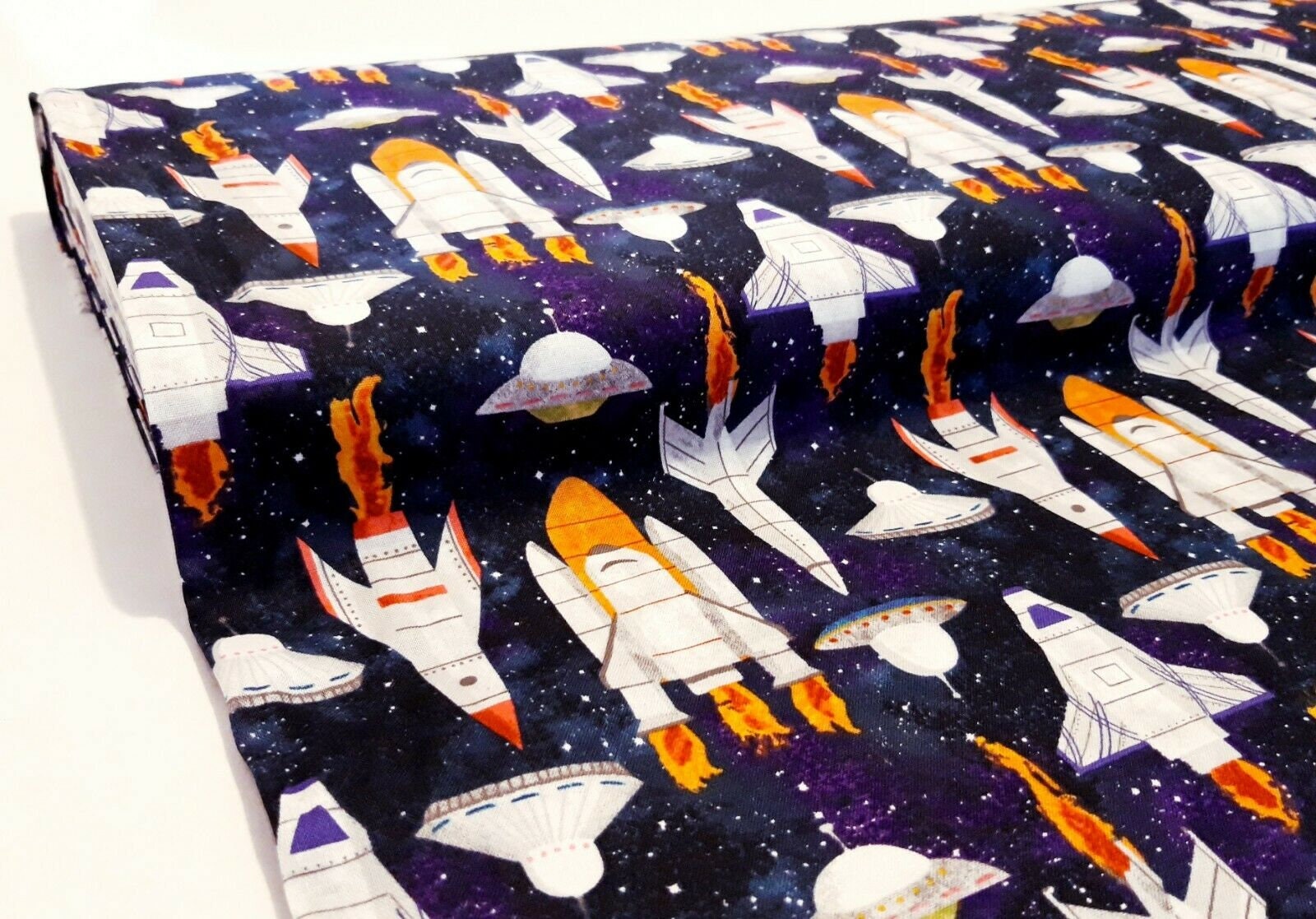 Lost in Space Cotton Fabric Blank Textiles Quilting Rocket Shuttle ...
