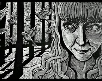 Blackbirds Linoleum Block Print 11 X 14 Wall - Etsy