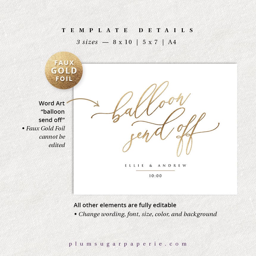 Balloon Send off Wedding Sign Template Printable Faux Gold | Etsy