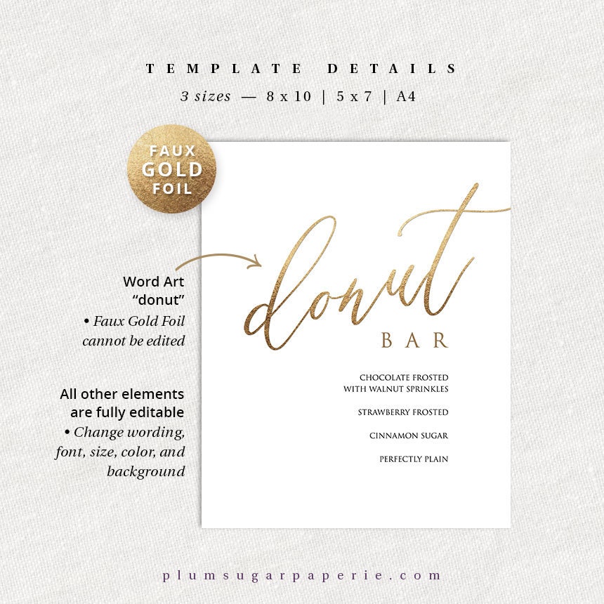 Donut Bar Wedding Table Sign Faux Gold Foil DIY Printable | Etsy