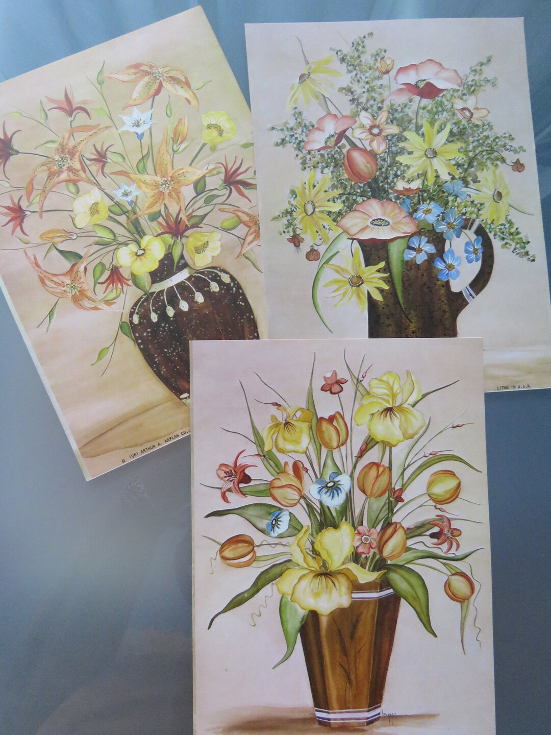 3 Vintage Lithographs Art Prints for Home Decoration/flowers in Vase ...