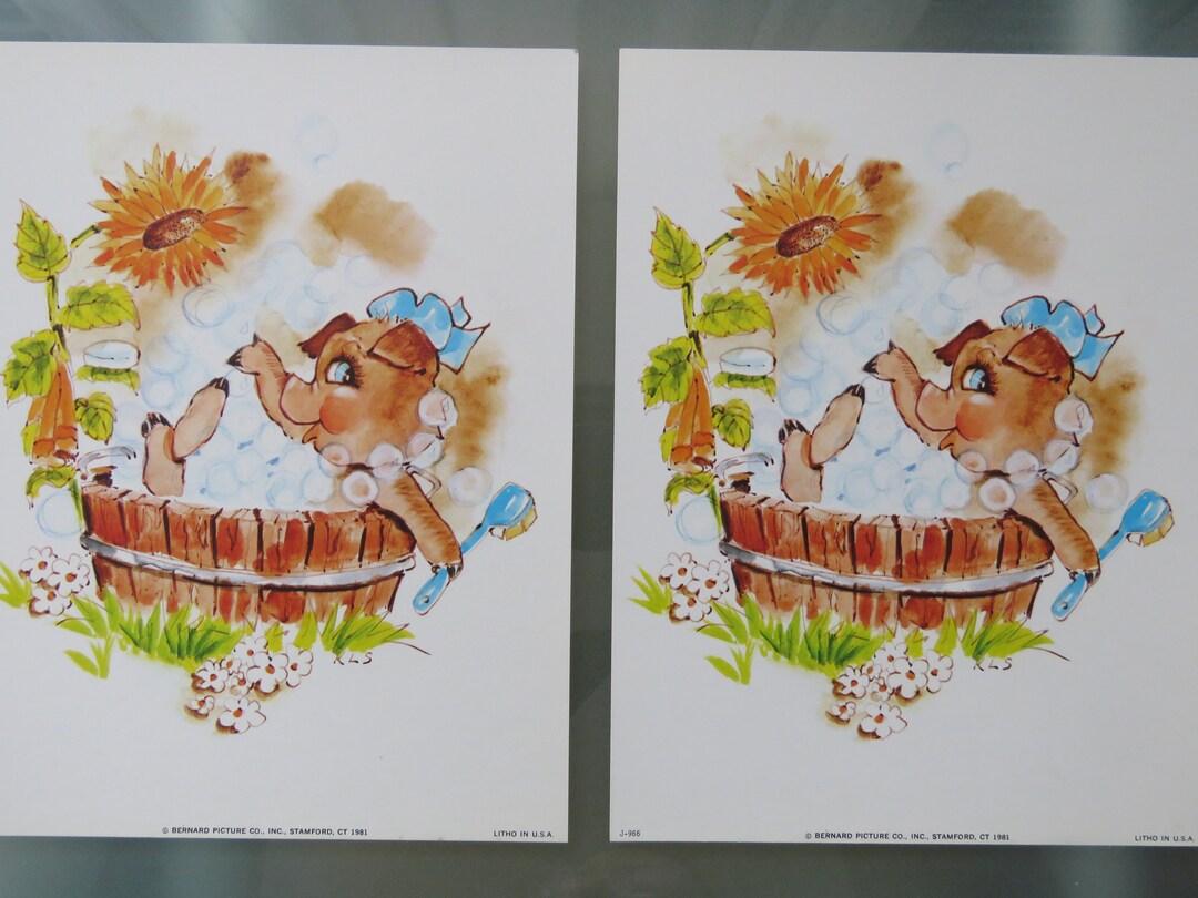 2 Vintage Lithograph Art Prints Representing a Pig Taking a Bath, by ...