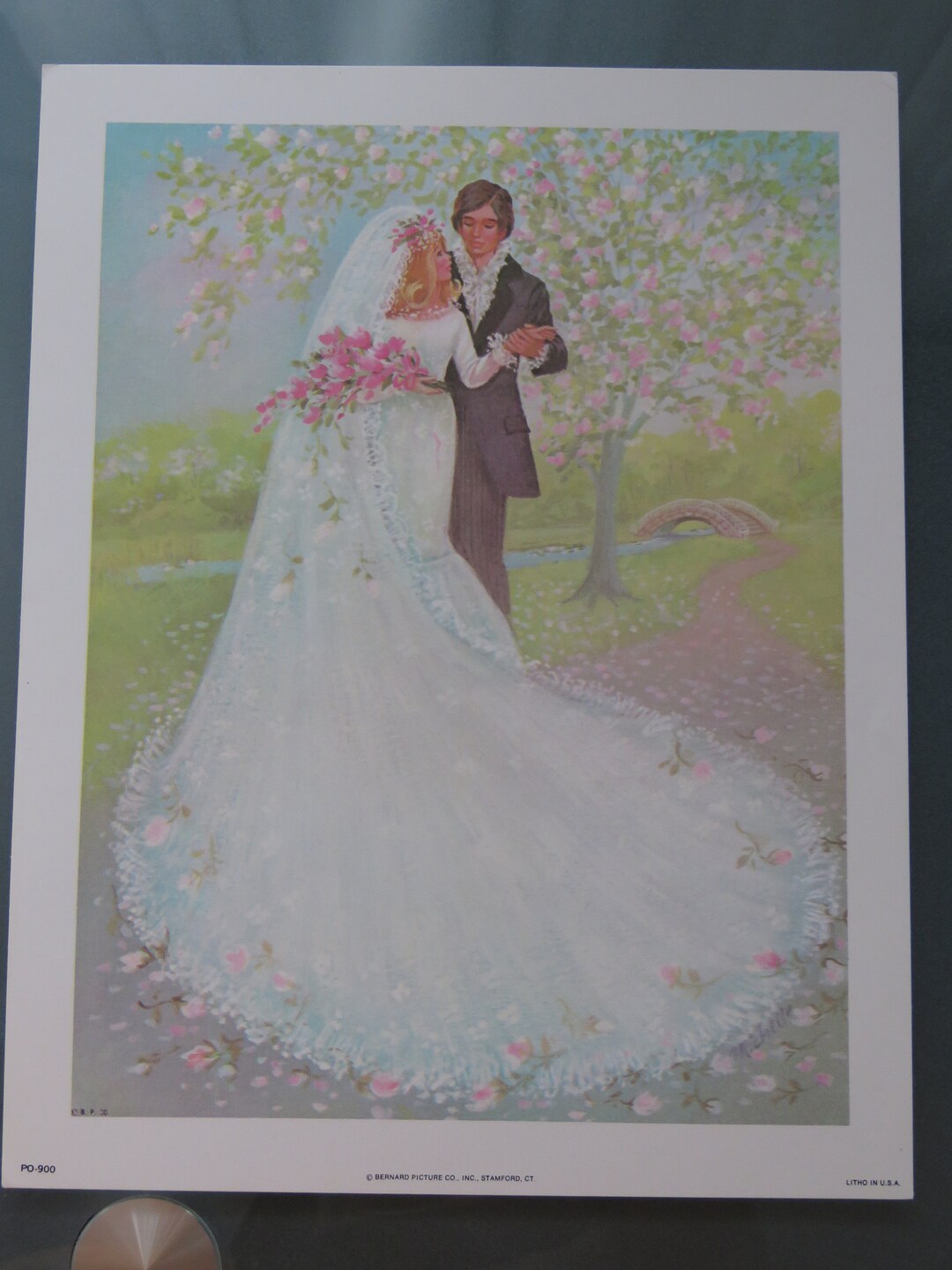 Vintage Art Lithograph Print Bride and Groom Under Cherry Tree Signed ...