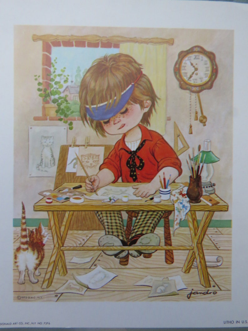 Vintage Children's Lithograph Prints: Boy Painting, Girl Ironing ...