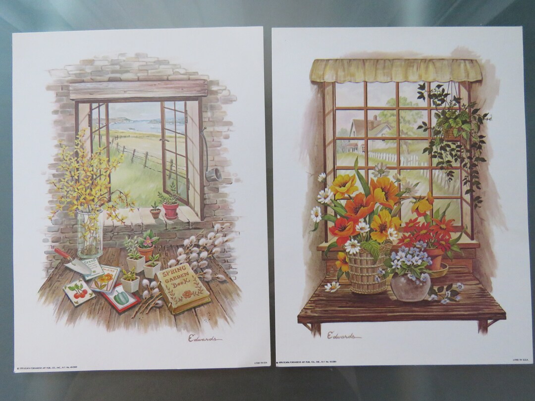 2 Vintage Lithograph Prints , Window With Flower, Garden Supply Country ...