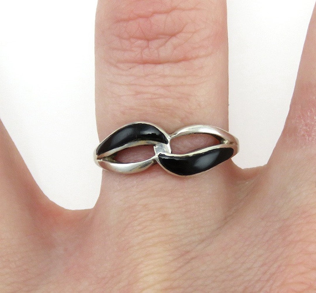 Vintage Sterling Silver & Black Enamel Openwork Bypass Ring Unique Look ...
