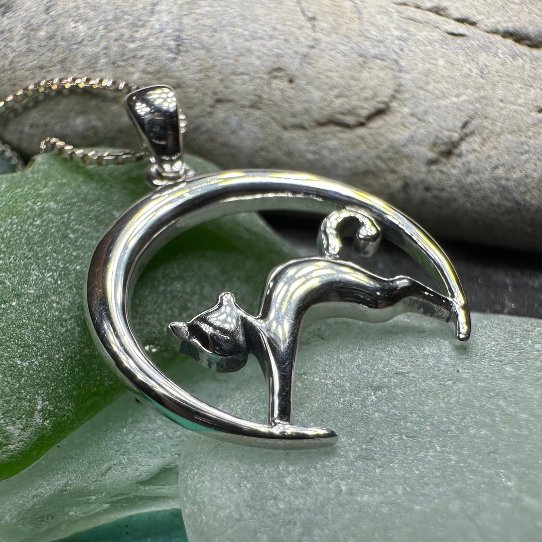 Cat Necklace, Crescent Moon Jewelry, Cat Pendant, Moon Necklace ...